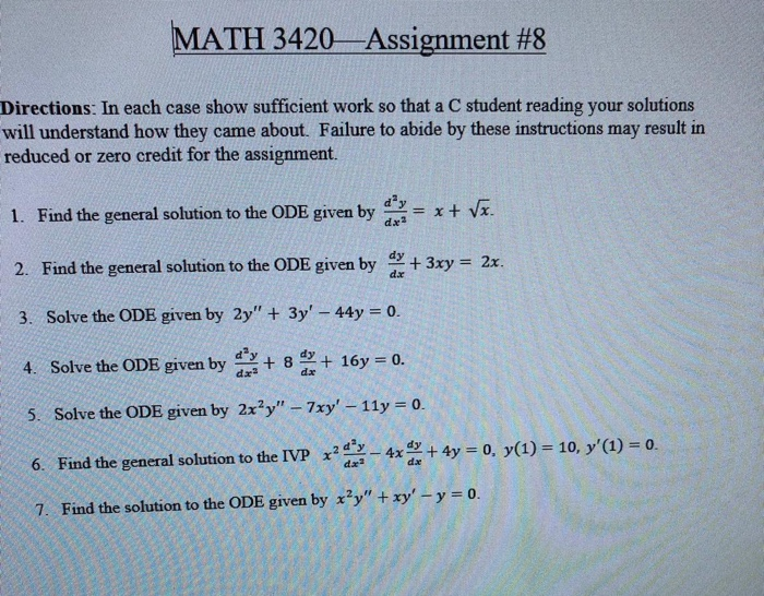 Solved MATH 3420 Assignment #8 Directions: In each case show | Chegg.com