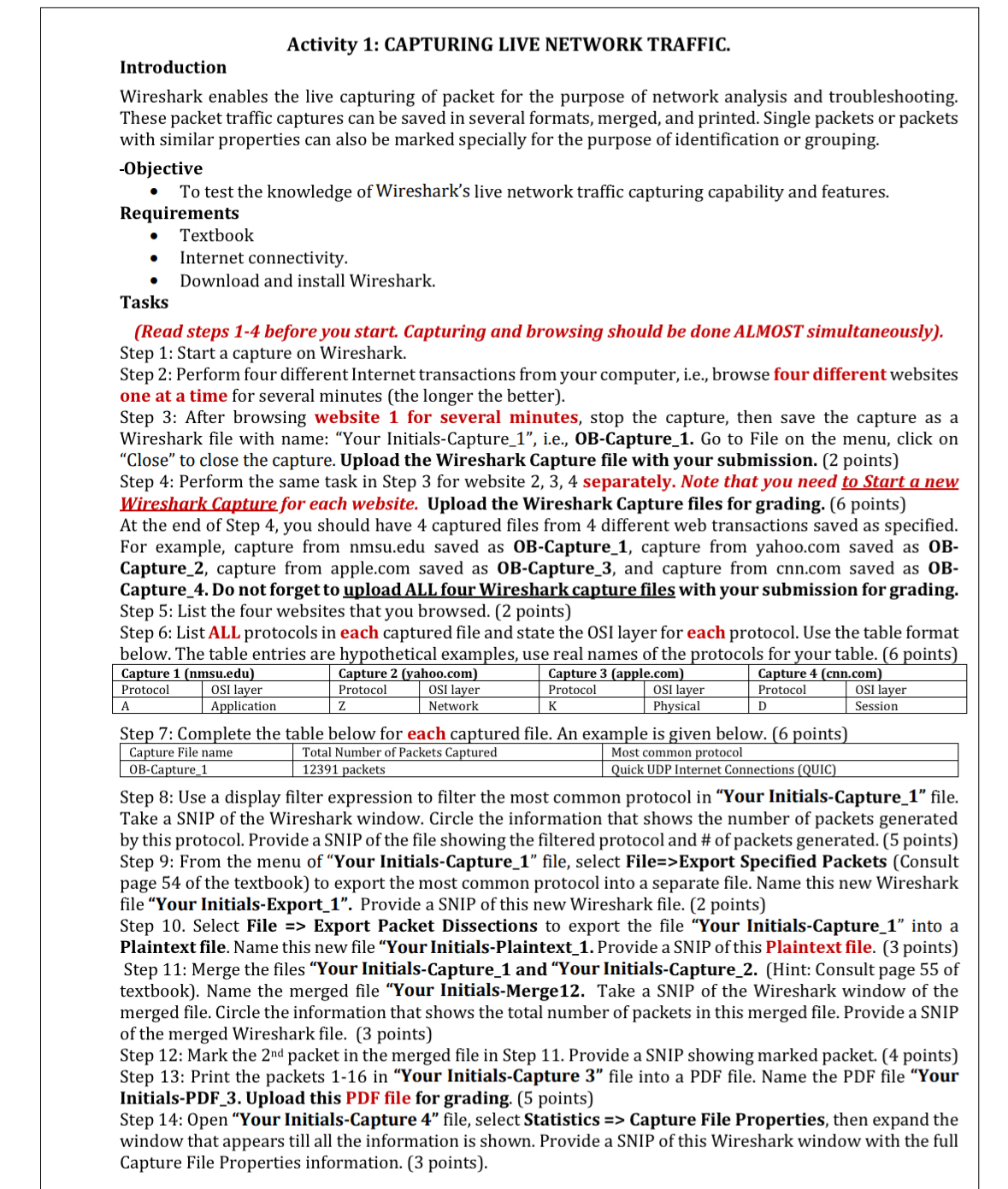 Solved Activity 1: CAPTURING LIVE NETWORK | Chegg.com