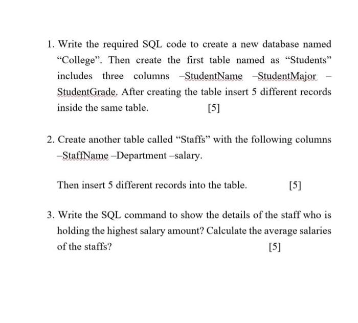 Solved 1. Write the required SQL code to create a new | Chegg.com