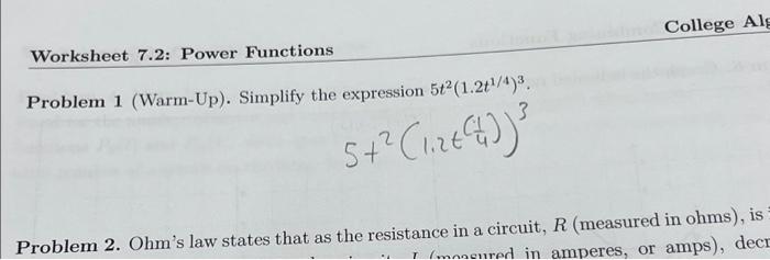 Solved Worksheet 7.2: Power Functions euotions I goining | Chegg.com