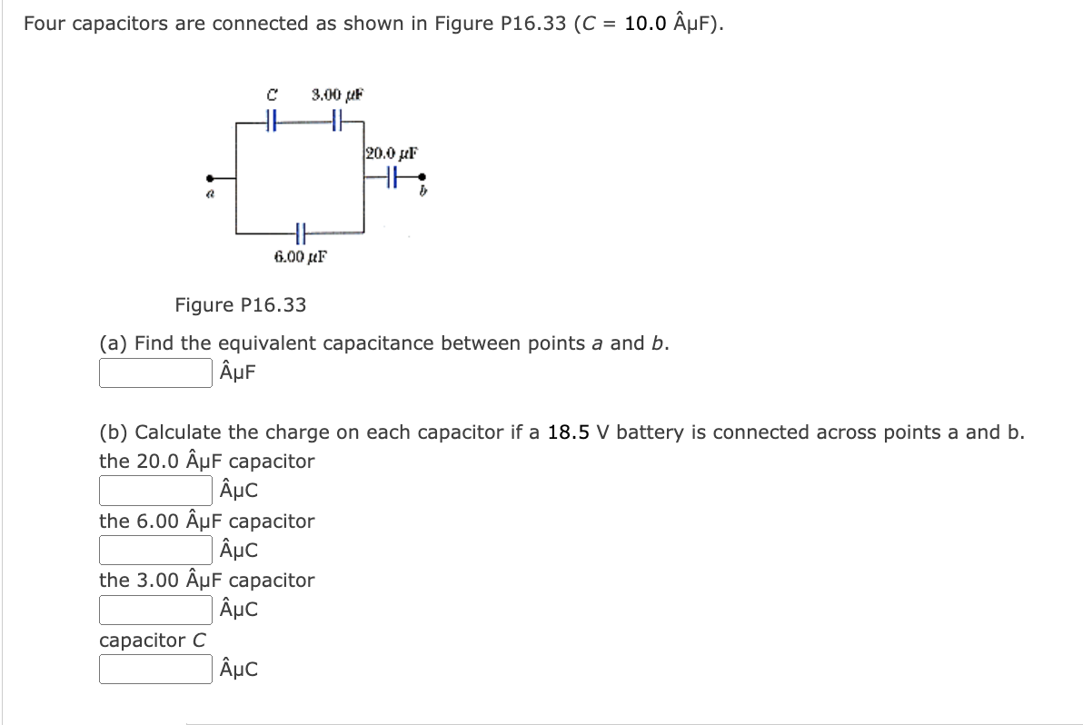 Figure P16.33(a) ﻿Find the equivalent capacitance | Chegg.com