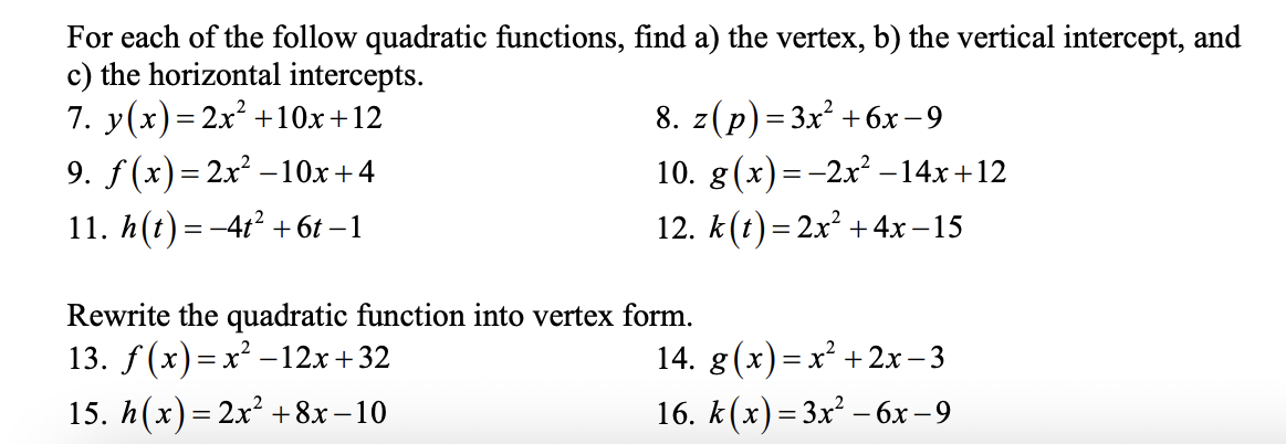 Solved For each of the follow quadratic functions, find a) | Chegg.com