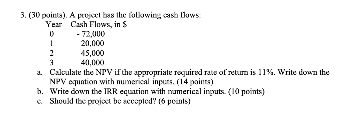 Solved (30 ﻿points). ﻿A project has the following cash | Chegg.com