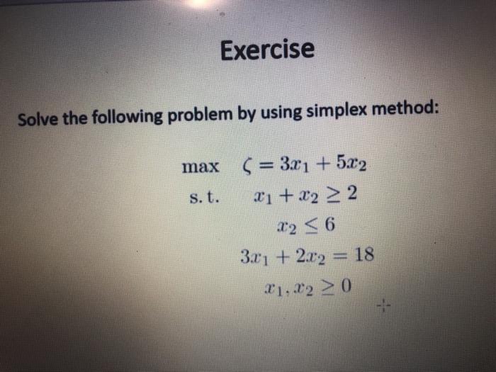 Solved Exercise Solve the following problem by using simplex | Chegg.com
