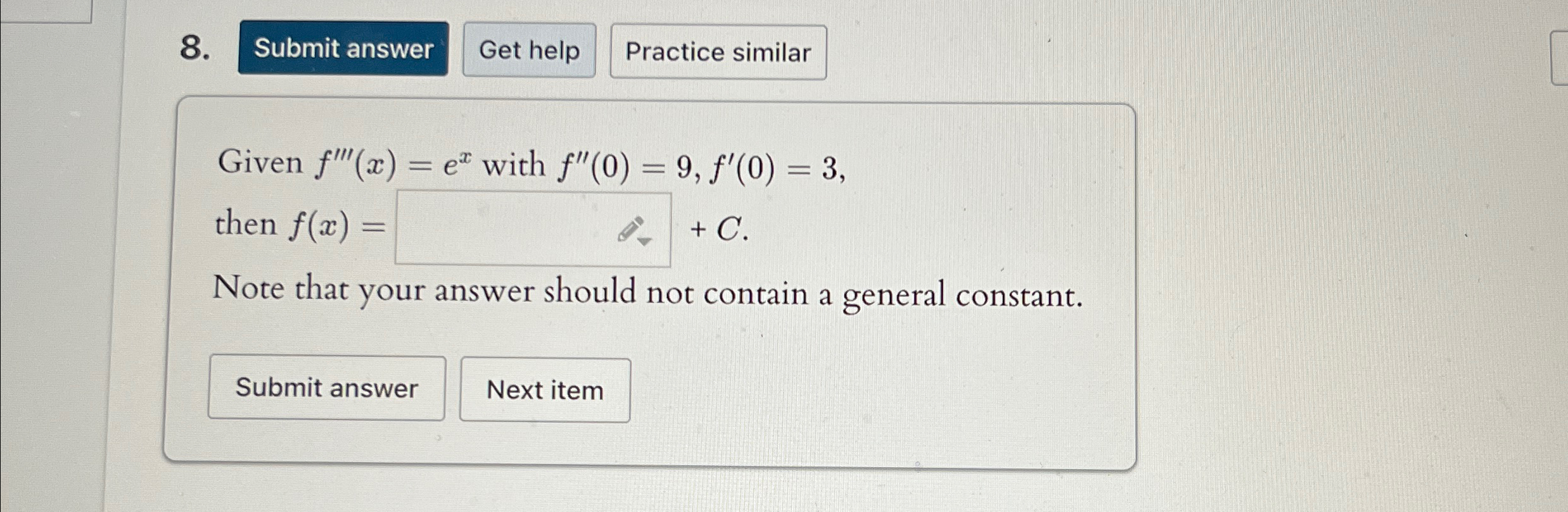 Solved Given f'''(x)=ex ﻿with f''(0)=9,f'(0)=3, ﻿then | Chegg.com