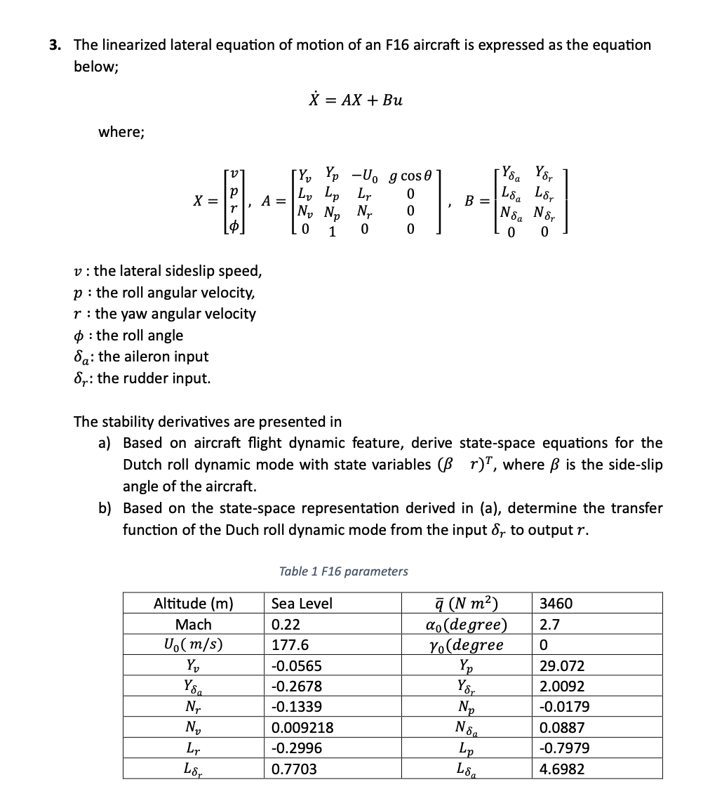 Solved The linearized lateral equation of motion of an F16 | Chegg.com