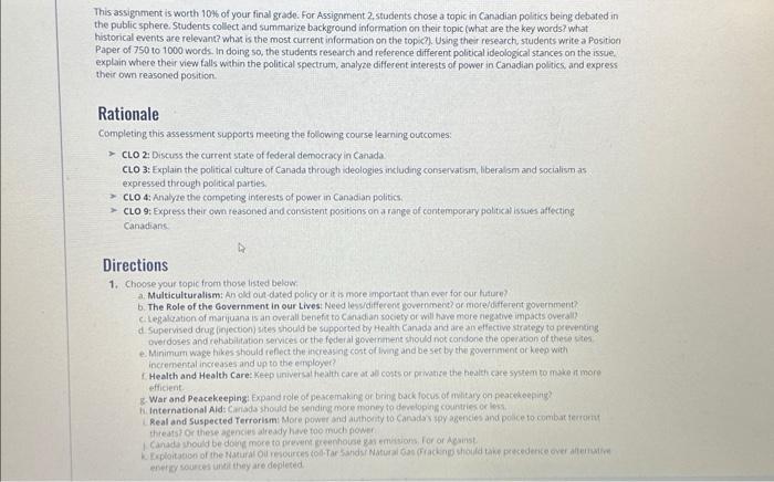 This assignment is worth 10% of your final grade. For | Chegg.com