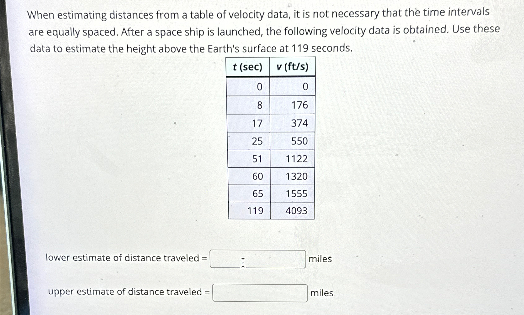 When estimating distances from a table of velocity | Chegg.com