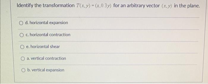 Solved Identify the transformation T(x,y) = (x,0.3y) for an | Chegg.com