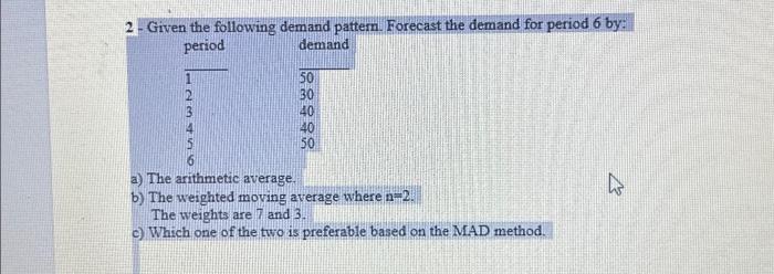 Solved 2- Given the following demand pattern. Forecast the | Chegg.com