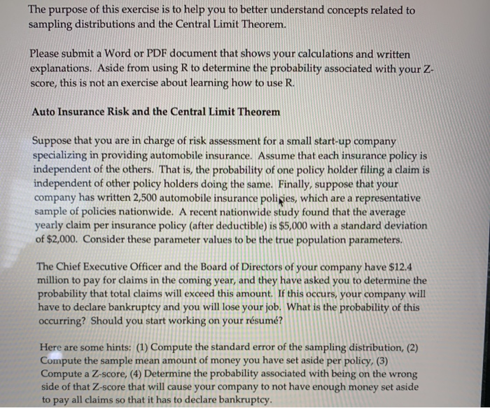 Solved Auto Insurance Risk and the Central Limit Theorem | Chegg.com