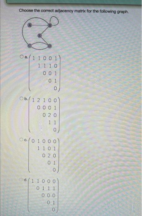 Solved Choose the correct adjacency matrix for the following | Chegg.com