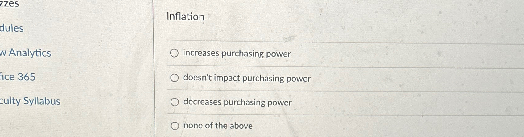 Solved Inflationincreases purchasing powerdoesn't impact | Chegg.com