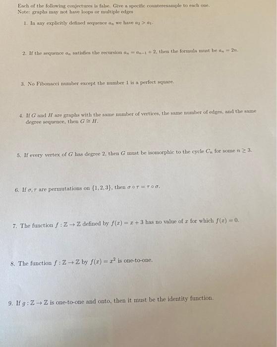 Solved Each of the following conjectures is false. Give a | Chegg.com