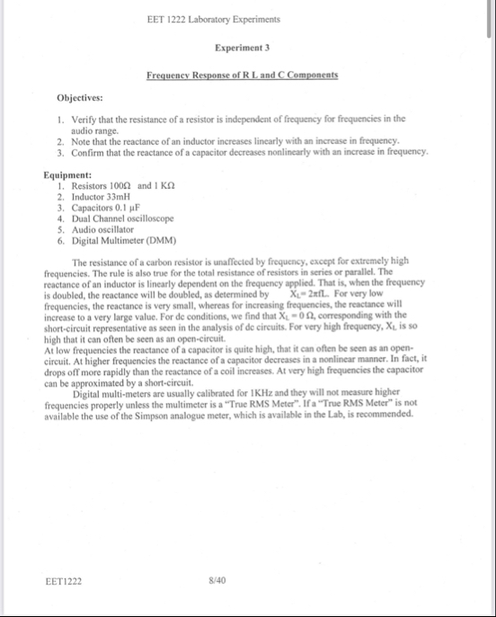 Solved EET 1222 ﻿Laboratory ExperimentsExperiment 3Frequency | Chegg.com