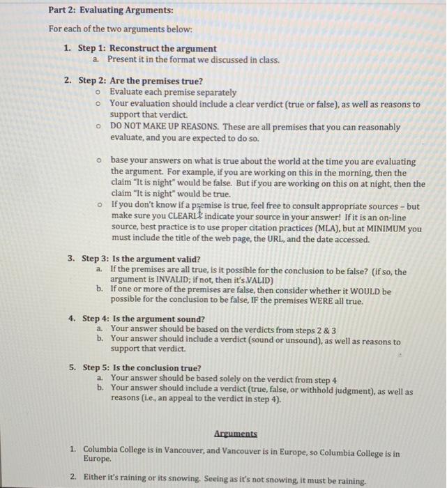 Part 2: Evaluating Arguments: For each of the two | Chegg.com