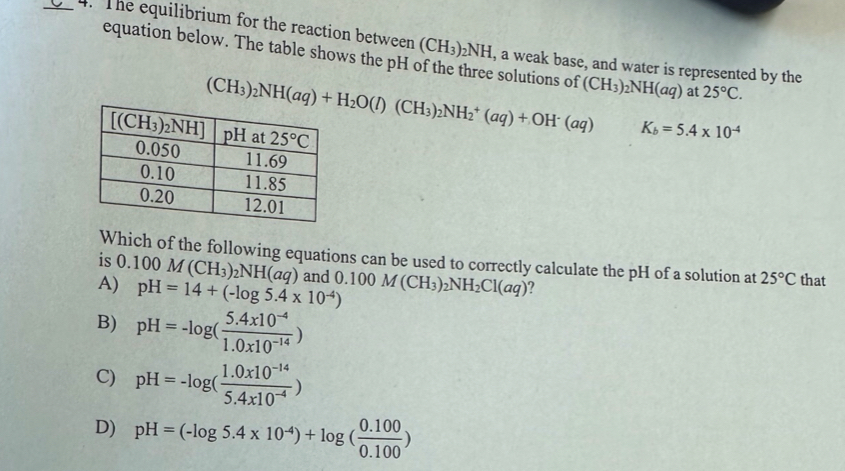 Solved equilition for the reaction between (CH3)2NH, ﻿a weak | Chegg.com