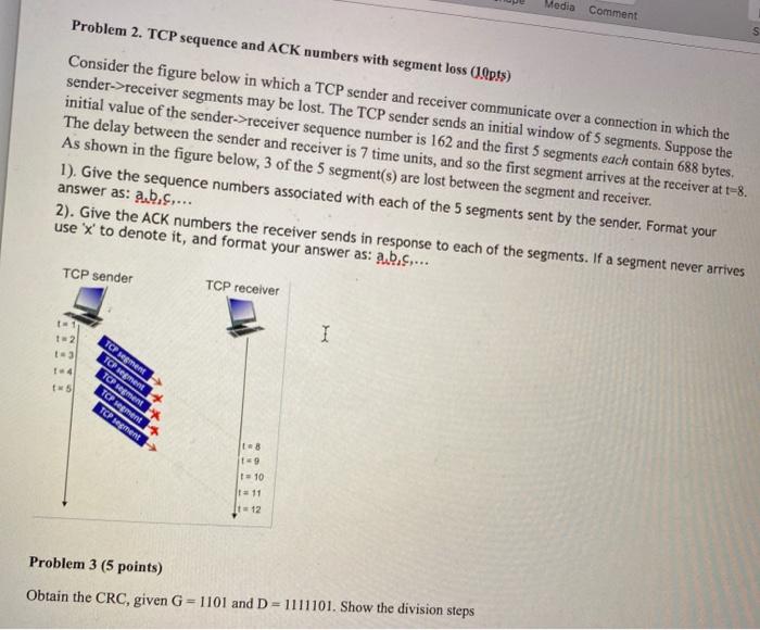 Solved Media Comment Problem 2. TCP sequence and ACK numbers | Chegg.com
