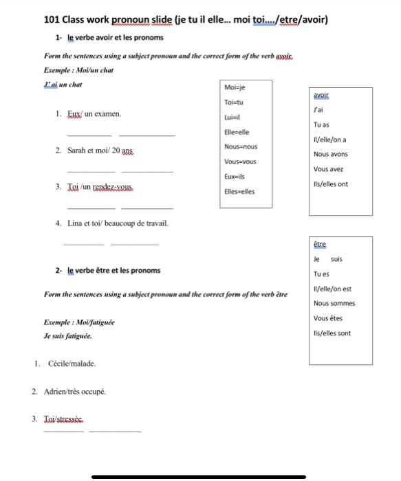 101 Class work pronoun slide (je tu il elle... moi | Chegg.com