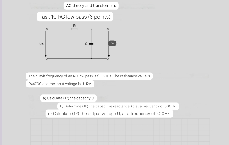 Solved AC ﻿theory and transformersTask 10 ﻿RC low pass (3 | Chegg.com
