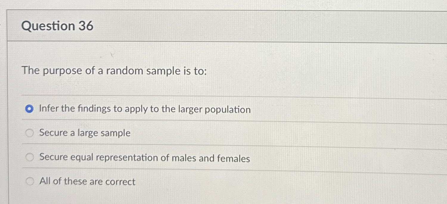 Solved Question 36The purpose of a random sample is to:Infer | Chegg.com