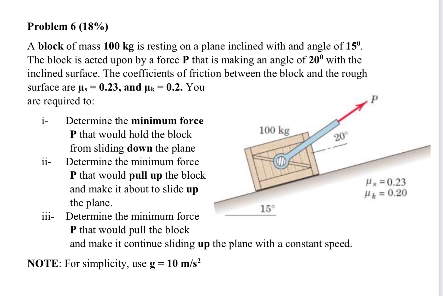 Solved Problem 6(18%)A block of mass 100kg ﻿is resting on a | Chegg.com