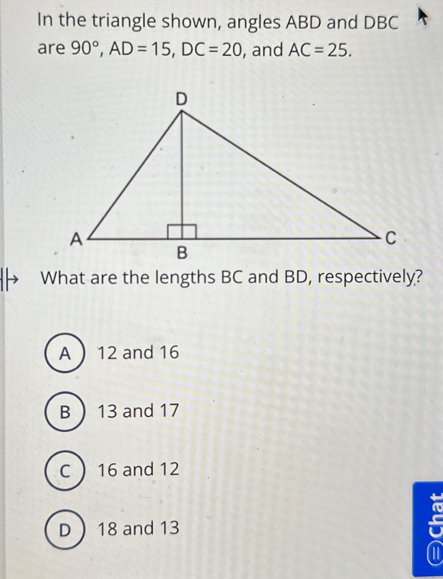 Solved In the triangle shown, angles ABD and DBC are | Chegg.com