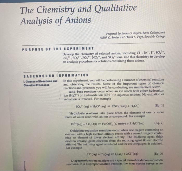 The Chemistry and Qualitative Analysis of Anions | Chegg.com