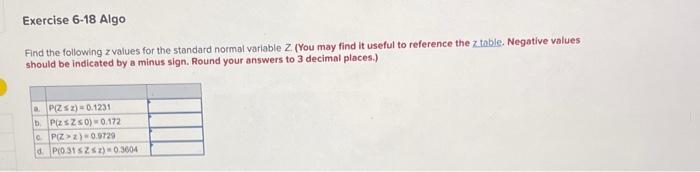 Solved Exercise 6-18 Algo Find the following z values for | Chegg.com