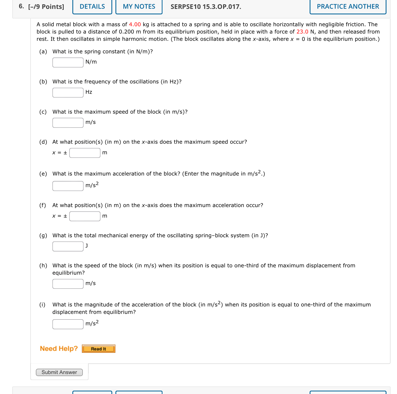 Solved [-/9 ﻿Points]SERPSE10 15.3.0P.017.A solid metal block | Chegg.com