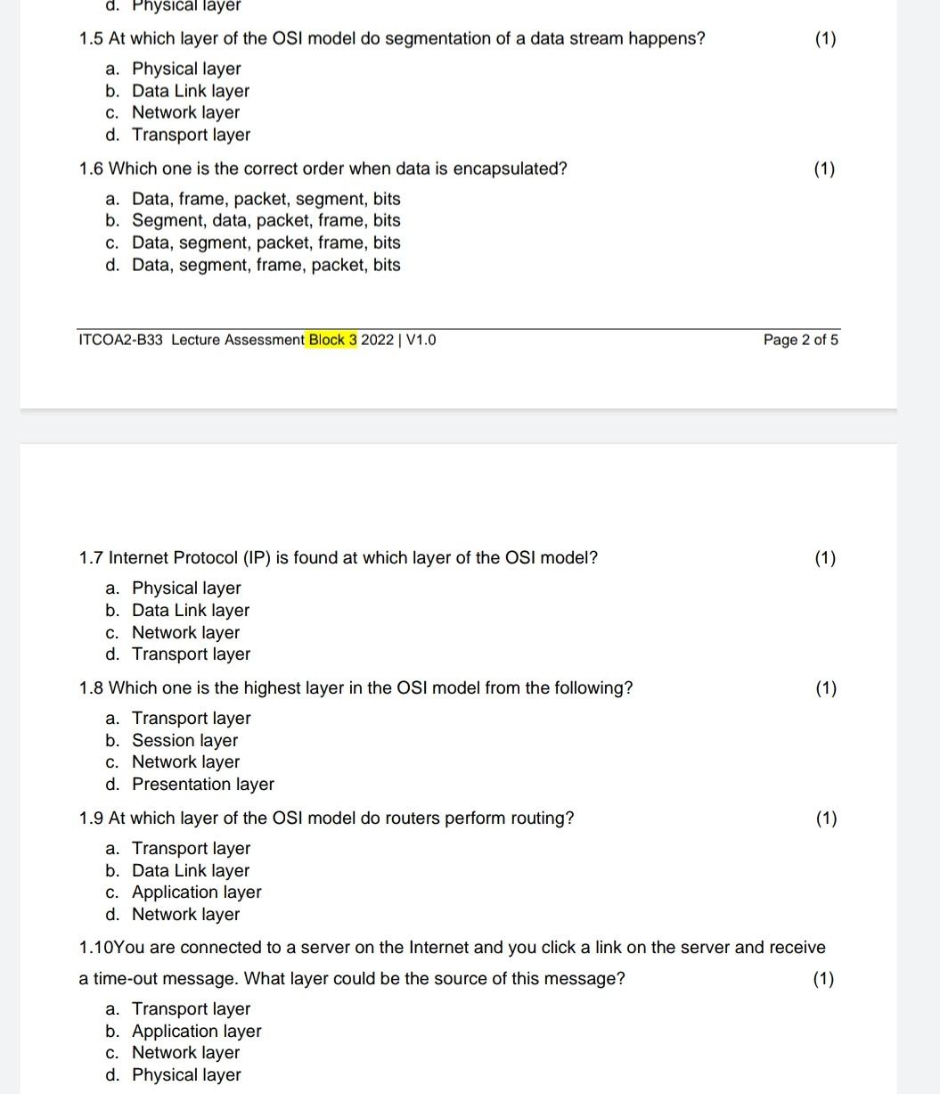 Solved 1.5 At which layer of the OSI model do segmentation | Chegg.com