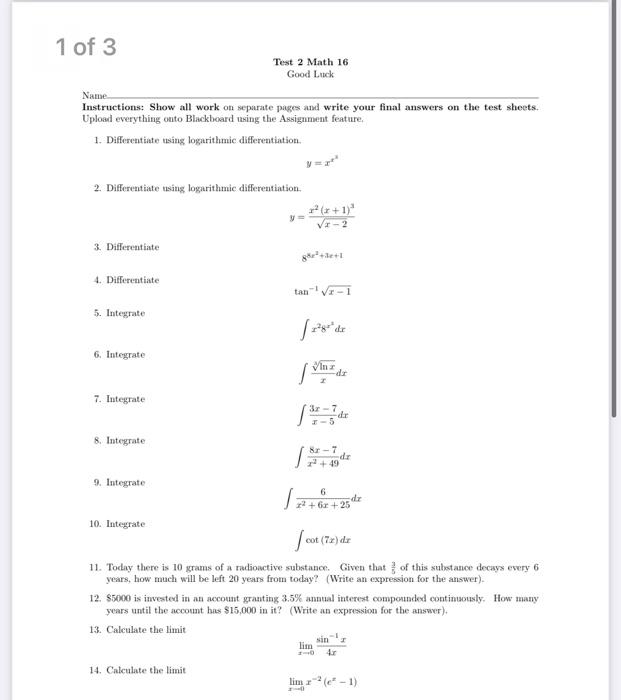 Solved 1 of 3 Test 2 Math 16 Good Luck Name Instructions: | Chegg.com