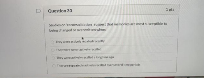 Solved Question 30 1 pts Studies on 'reconsolidation' | Chegg.com