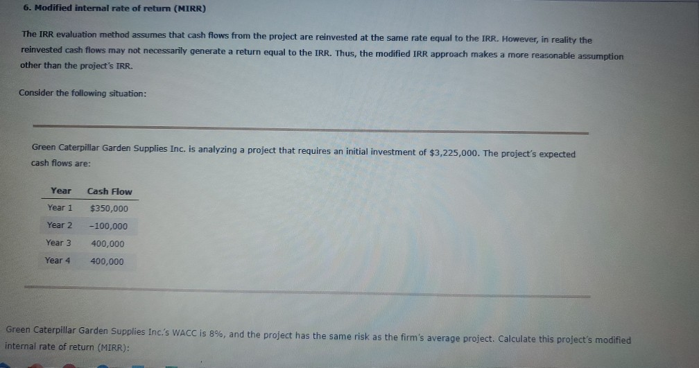 Solved 6. Modified internal rate of return (MIRR) The IRR | Chegg.com