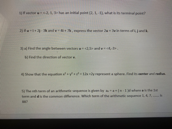 Solved 1) If vector u = has an initial point (2, | Chegg.com