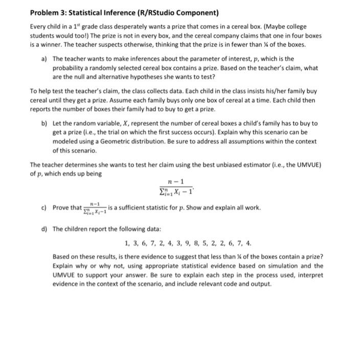 Problem 3: Statistical Inference (R/RStudio | Chegg.com