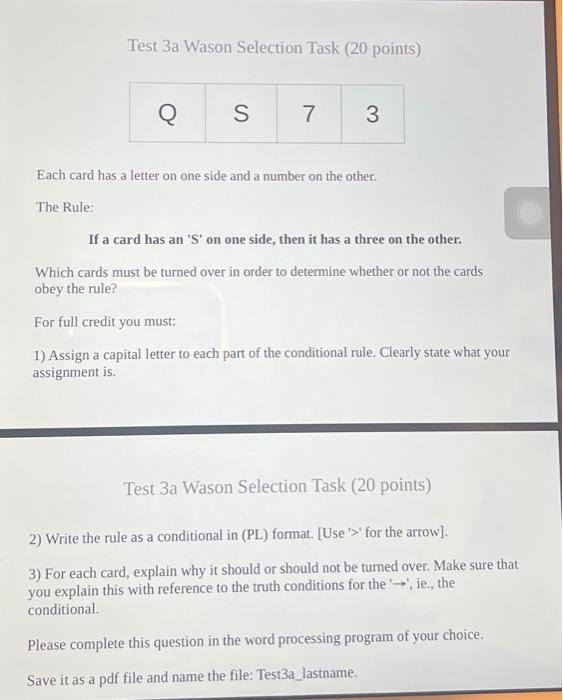Test 3a Wason Selection Task (20 points) The Rule: Q | Chegg.com