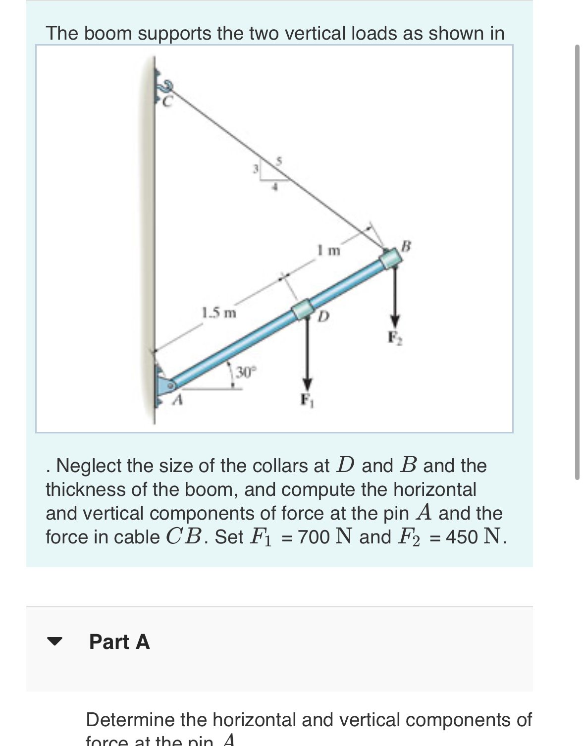 Solved The boom supports the two vertical loads as shown in. | Chegg.com