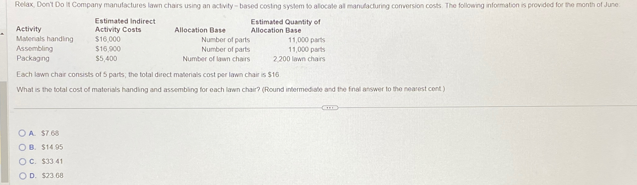 Solved \table[[,Estimated Indirect,,Estimated Quantity | Chegg.com