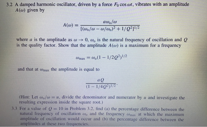 Solved 3.2 A damped harmonic oscillator, driven by a force | Chegg.com