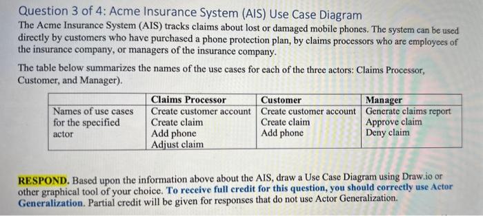 Solved Question 3 of 4 : Acme Insurance System (AIS) Use | Chegg.com