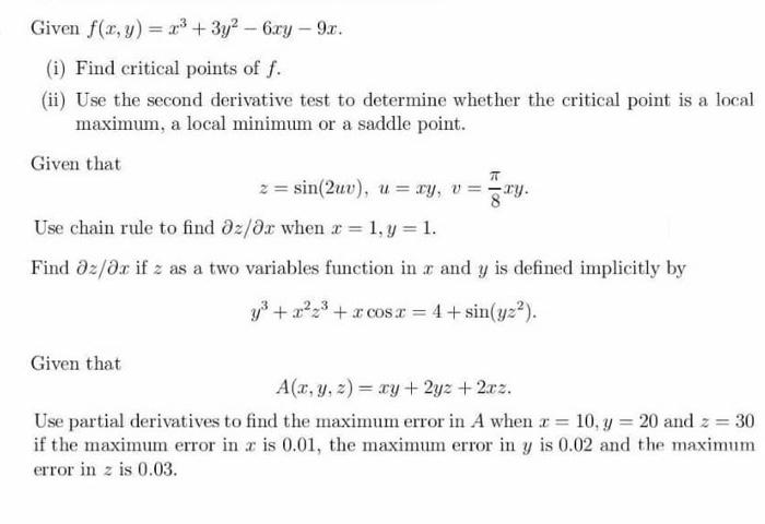 Solved Given f(x, y) = x3 + 3y2 - 6xy – 9x. (i) Find | Chegg.com