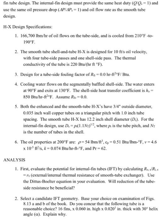 fin tube design. The internal-fin design must provide | Chegg.com