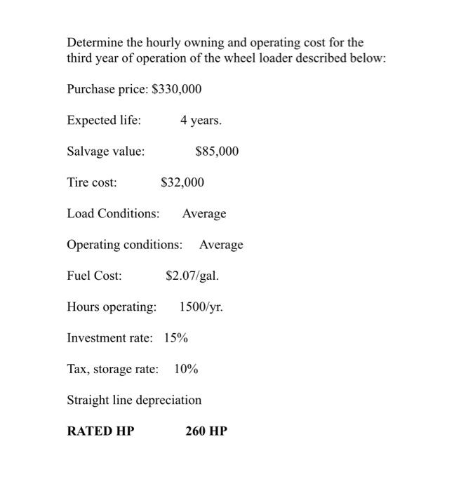 Solved Determine the hourly owning and operating cost for | Chegg.com