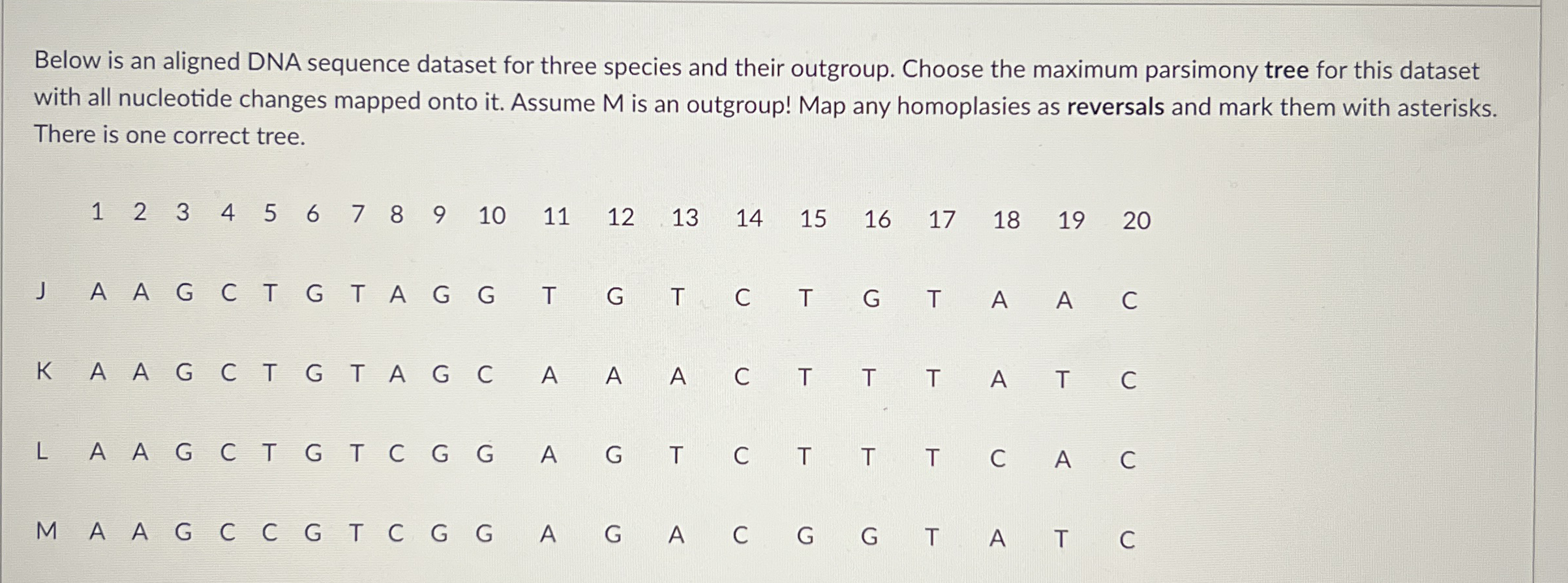 Solved Below is an aligned DNA sequence dataset for three | Chegg.com