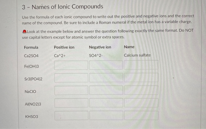 Solved 3 - Names of lonic Compounds Use the formula of each | Chegg.com