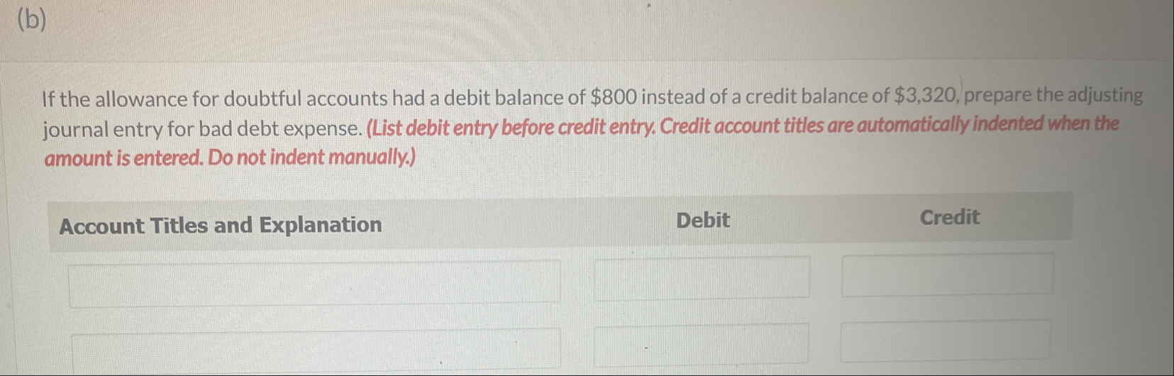 Solved (b)If the allowance for doubtful accounts had a debit | Chegg.com