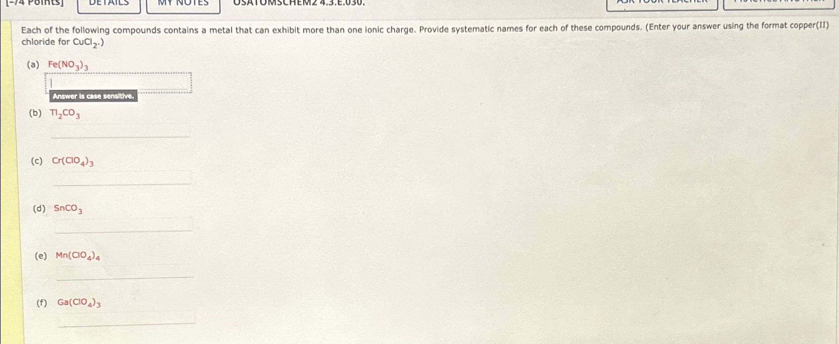 Solved chloride for | Chegg.com