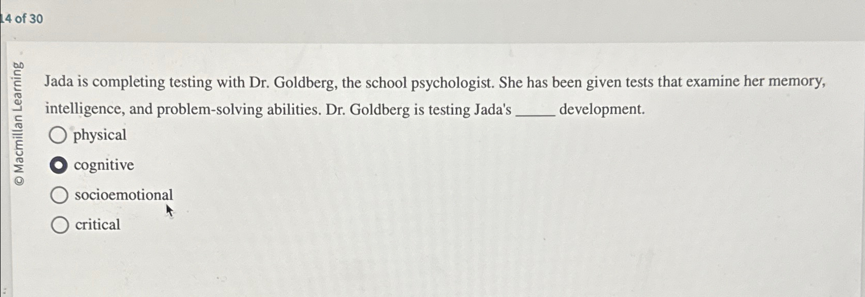 Solved 14 ﻿of 30Jada is completing testing with Dr. | Chegg.com