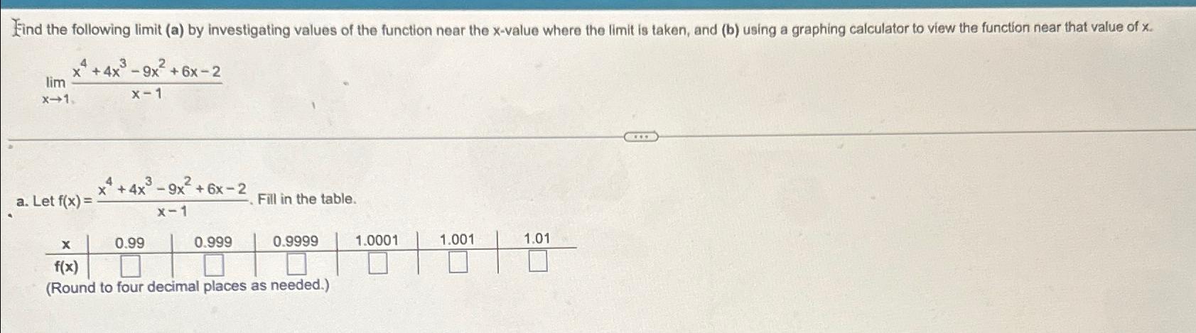 Solved Find the following limit (a) ﻿by investigating values | Chegg.com